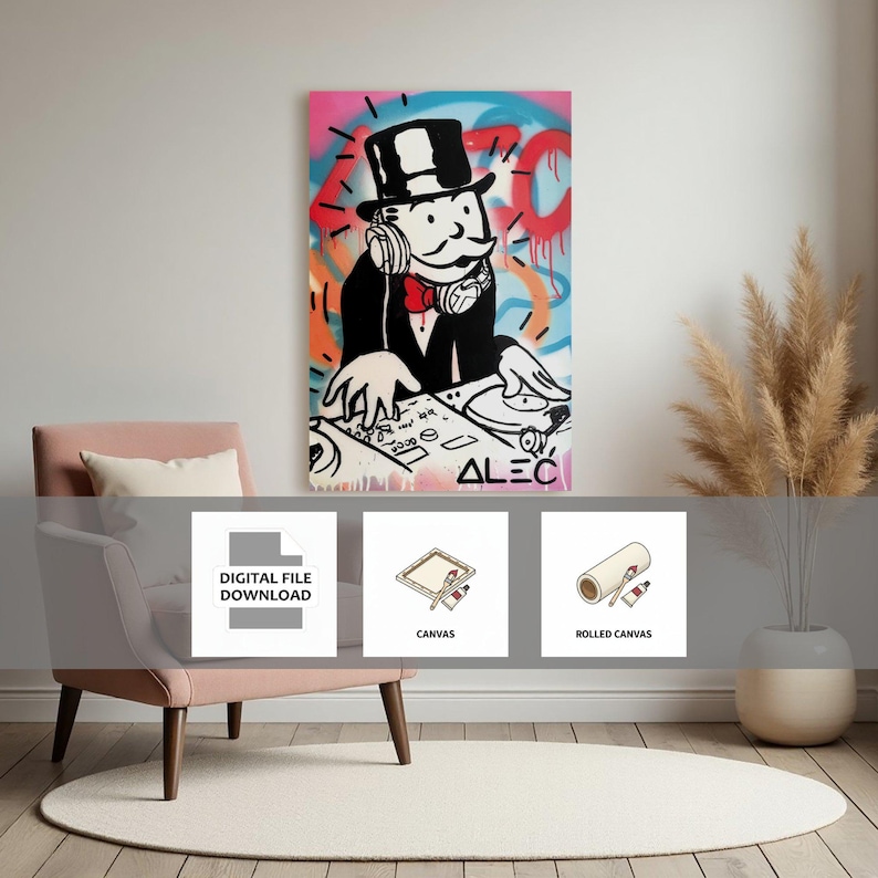 Monopoly Man Graffiti Art, DJ Canvas Wall Art, Street Art Painting, Pop ...