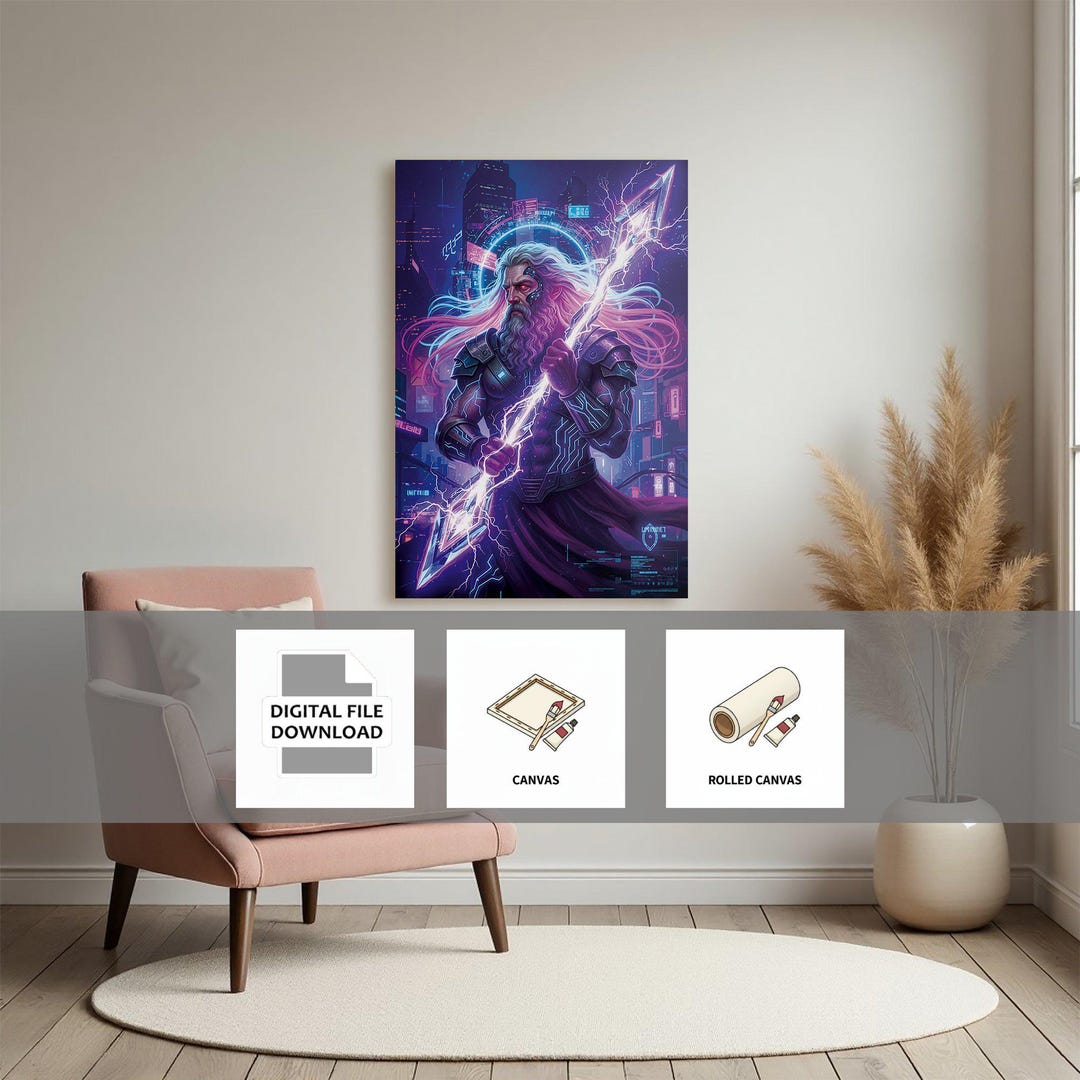 Zeus Wall Art,greek God Canvas Poster,cyberpunk Decor Print,neon Gaming ...