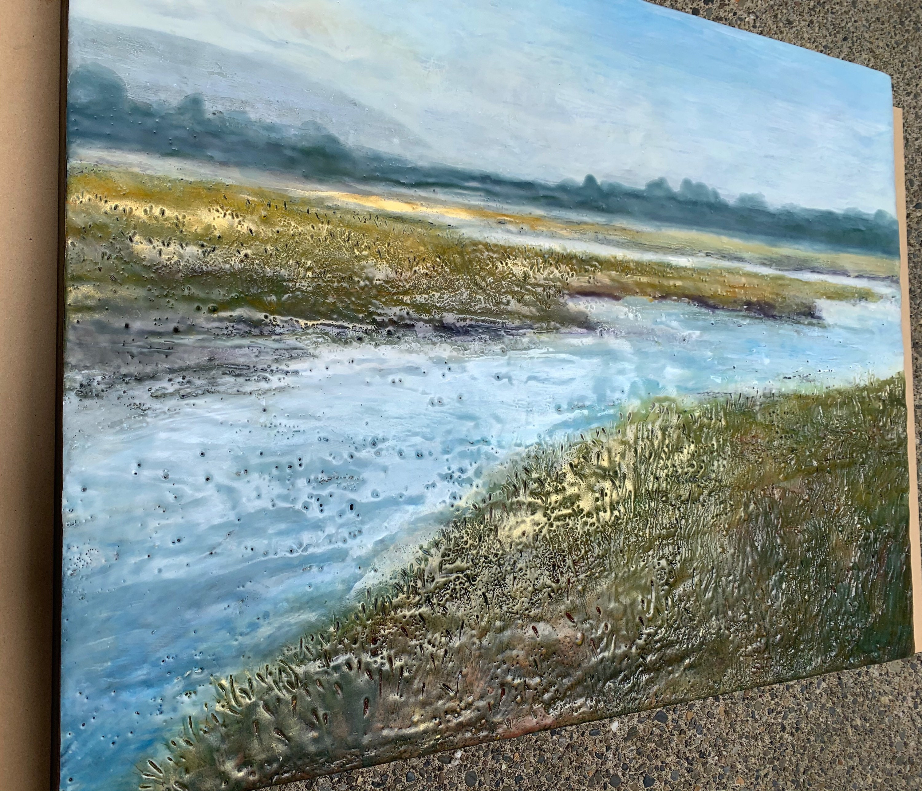 Original, encaustic titled Golden Marsh / Artist Michele Bruchet