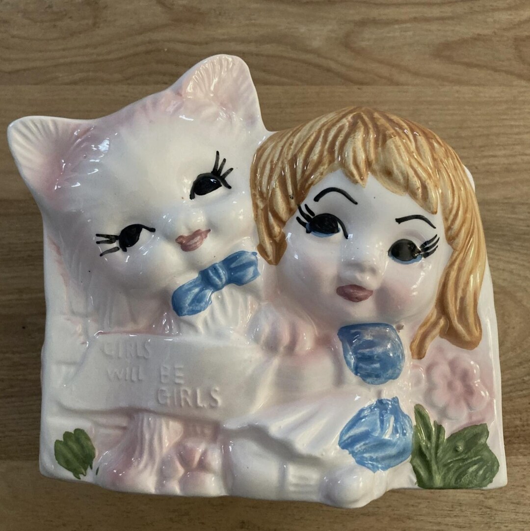 Vintage MCM Girl & Cat Planter Girls Will Be Girls Kitten Floral ...