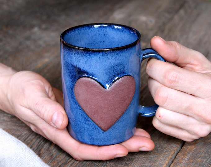 Cute Fat Midnight Blue Heart Pottery Coffee Mug, Large Pot Belly ...