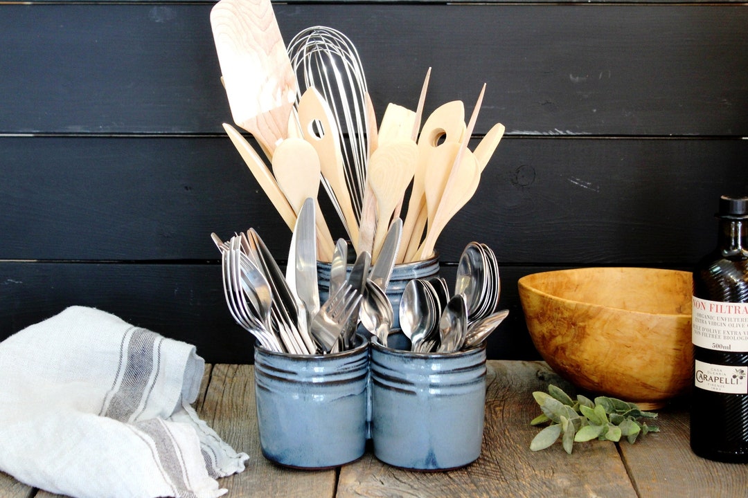 Utensil Holder – Pottery Small Triple Utensil Crock, Flatware Jar ...