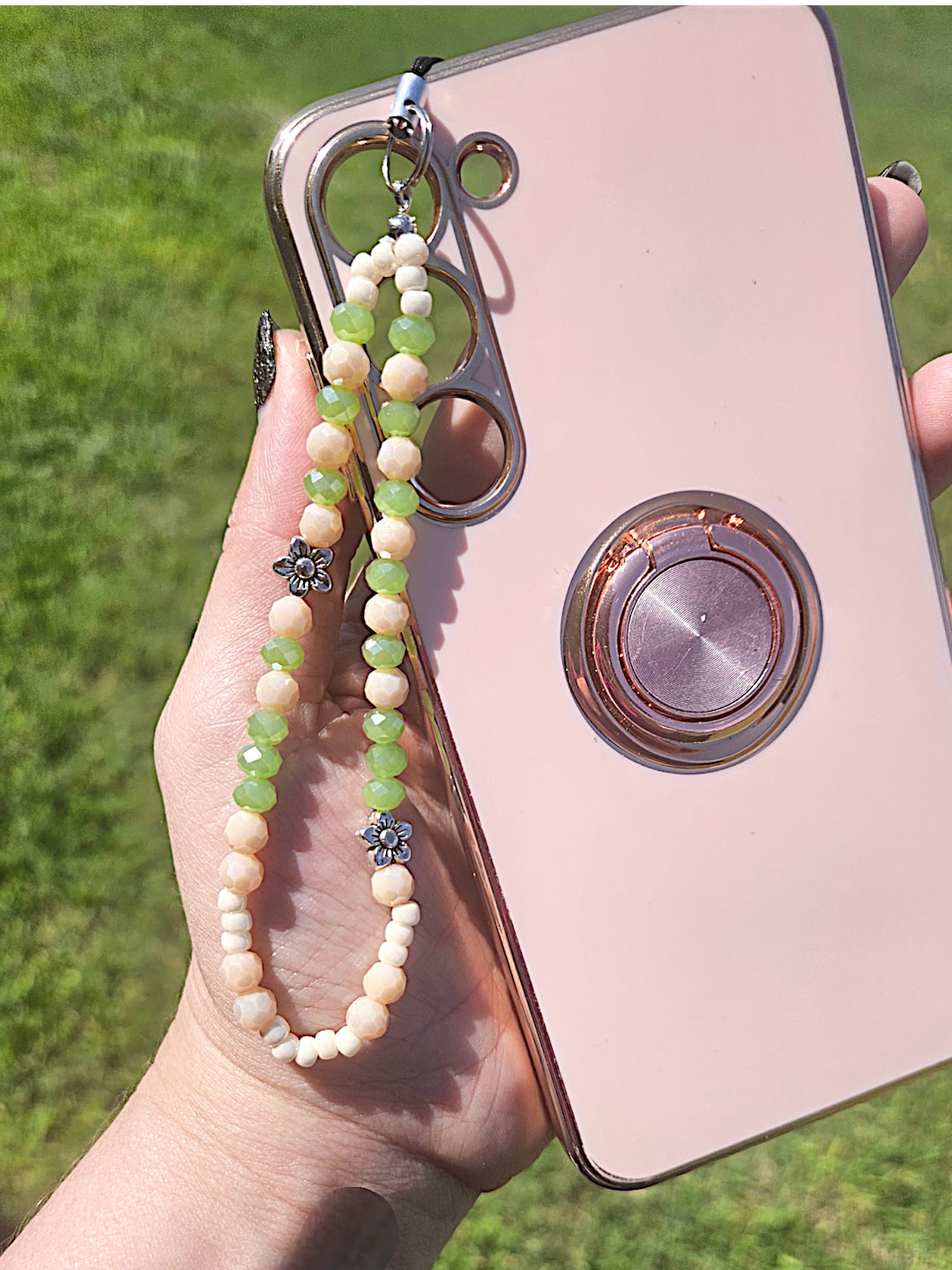 Green and Tan Phone Charm Cute Beaded Phone Strap Gift for Her Keychain ...