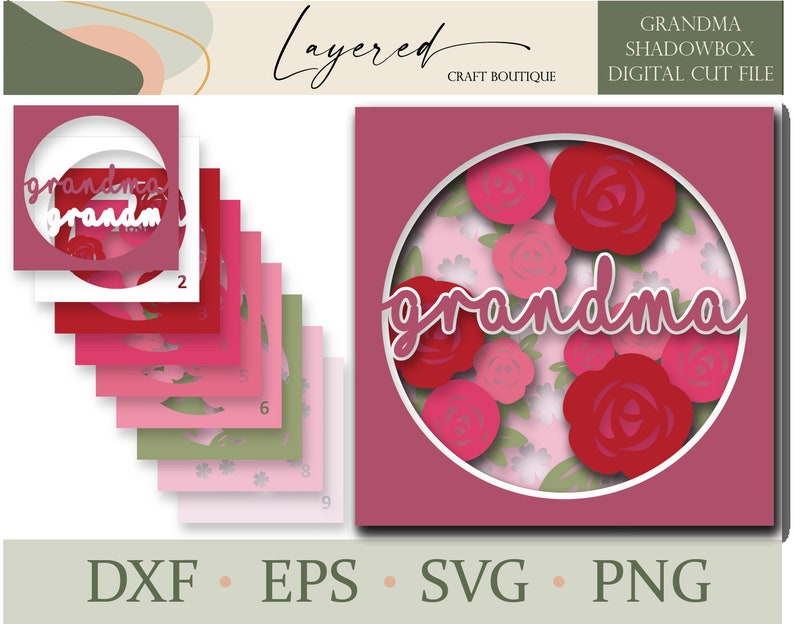 3D SVG Grandma Mother's Day Rose Flower Shadow Box Layered 3D SVG ...