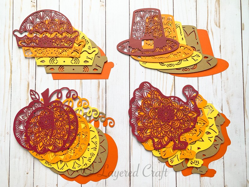 Thanksgiving Turkey, Pilgrim Hat, Pumpkin, Pie 3d SVG Layered Mandala ...