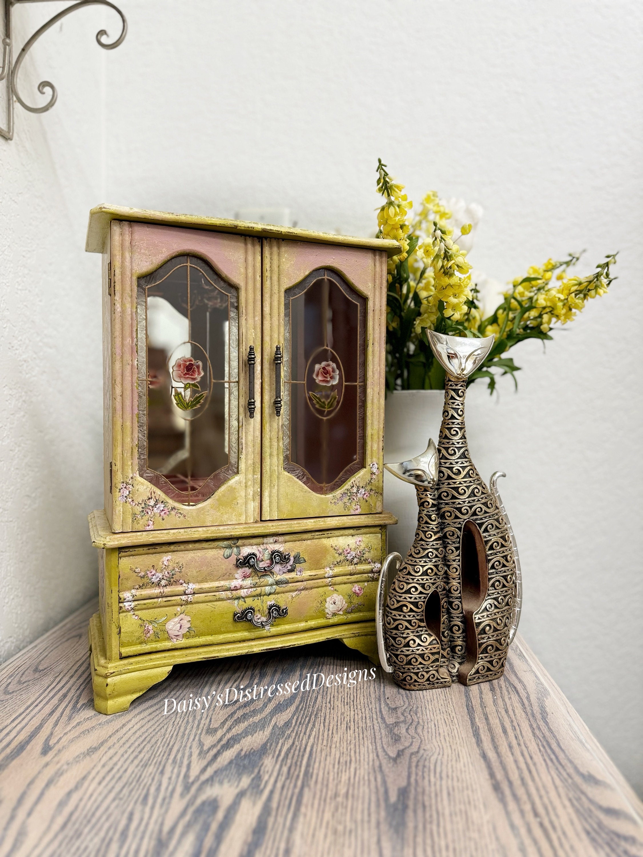 Large Jewelry Box Hand Painted Bohemian Yellow Green Distressed - Etsy