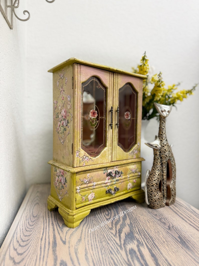 Large Jewelry Box Hand Painted Bohemian Yellow Green Distressed - Etsy