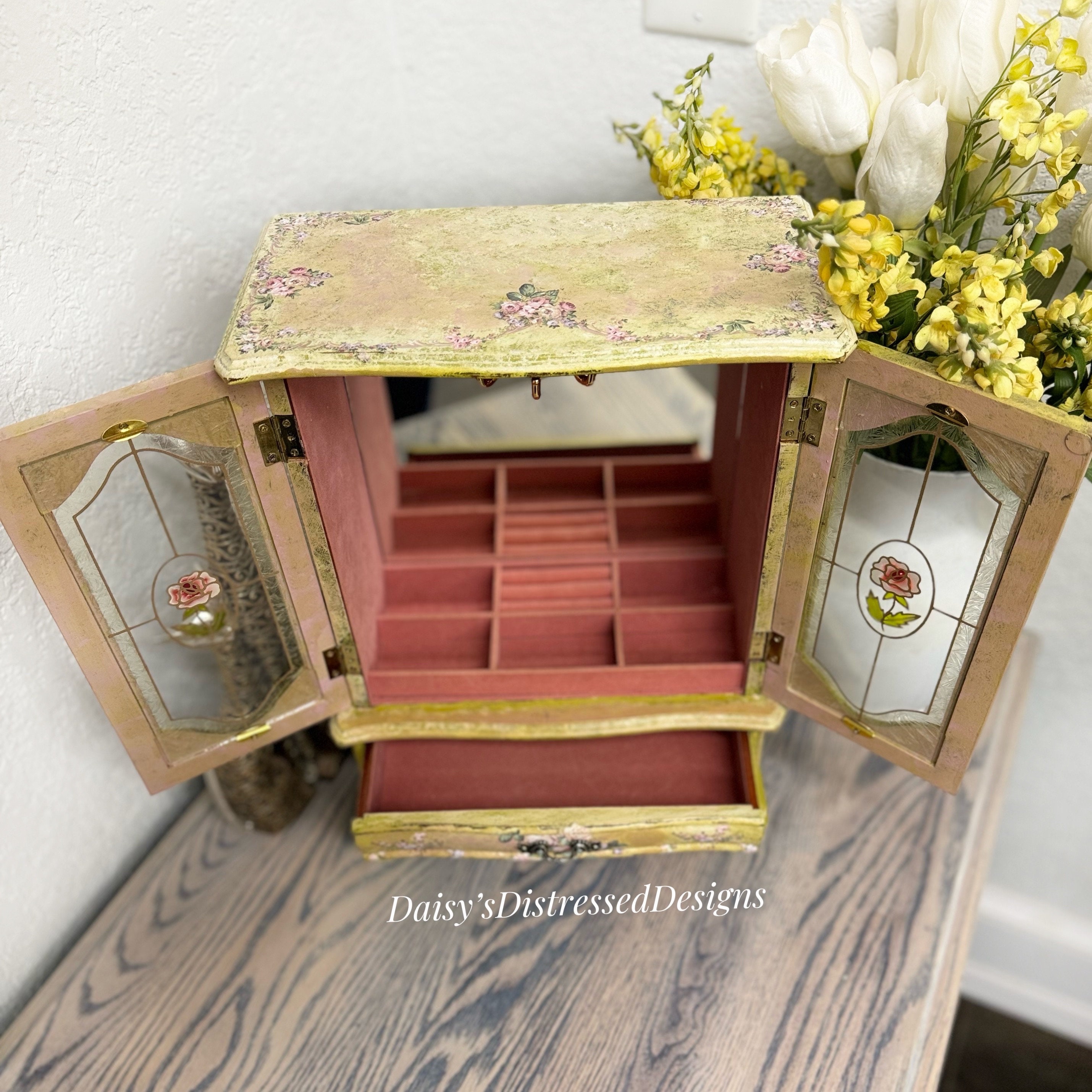 Large Jewelry Box Hand Painted Bohemian Yellow Green Distressed - Etsy