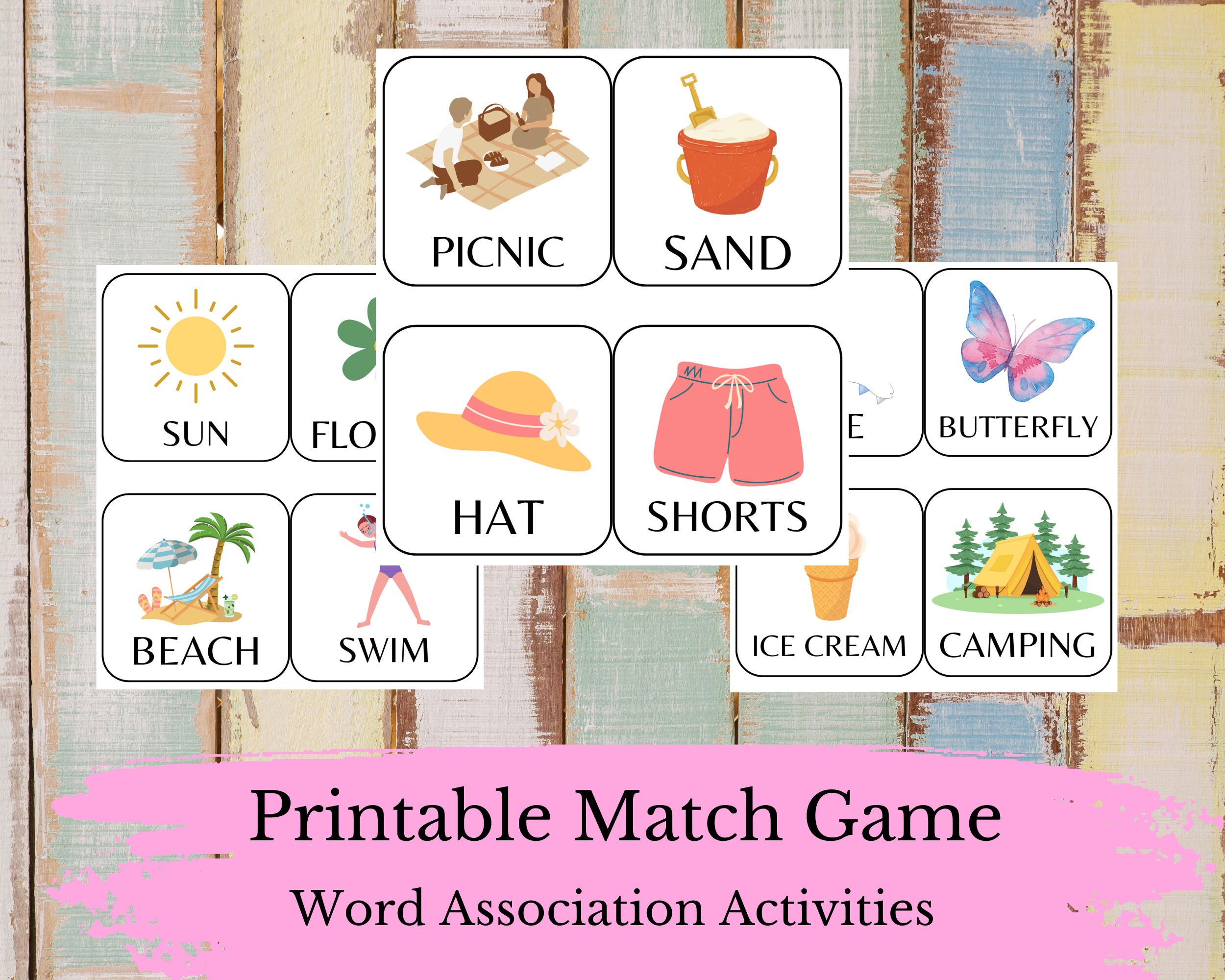 Summer Fun Word Association Printables: 16 Worksheets, Match Games, and ...