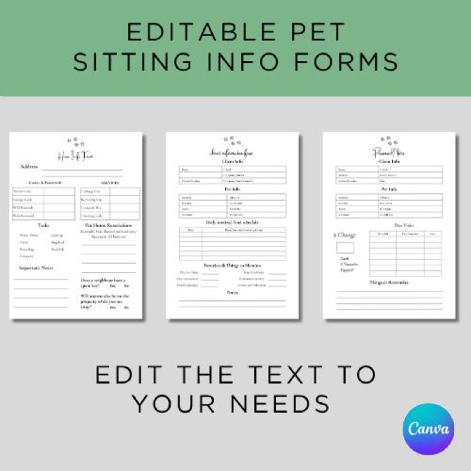Editable Pet Sitter Forms Bundle | House, Pet & Personal Info ...