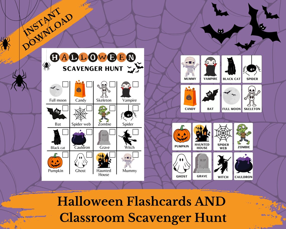 Halloween Flashcards With Scavenger Hunt – 16 Cards for Kids ...