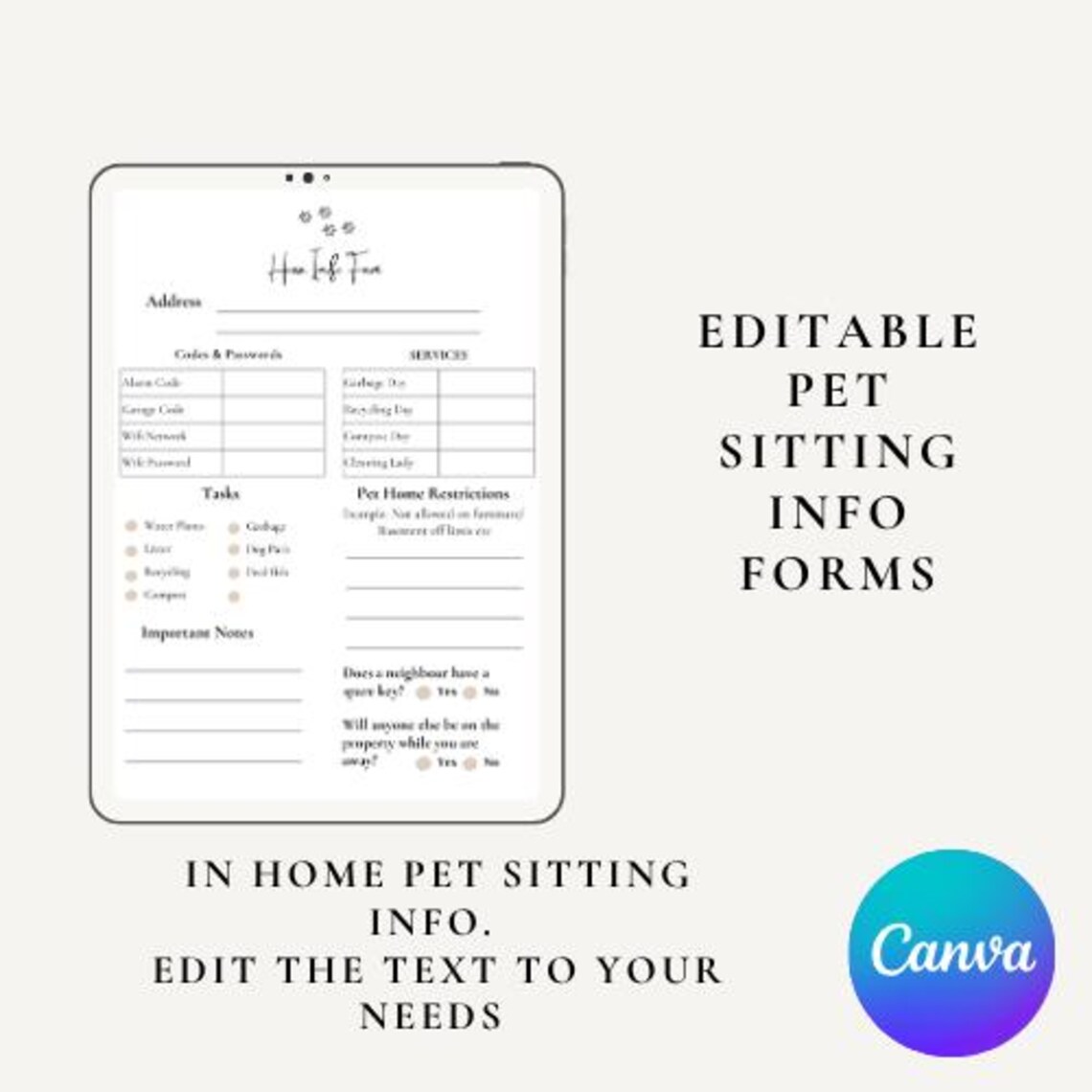 Editable Pet Sitter Forms Bundle | House, Pet, and Personal Info ...