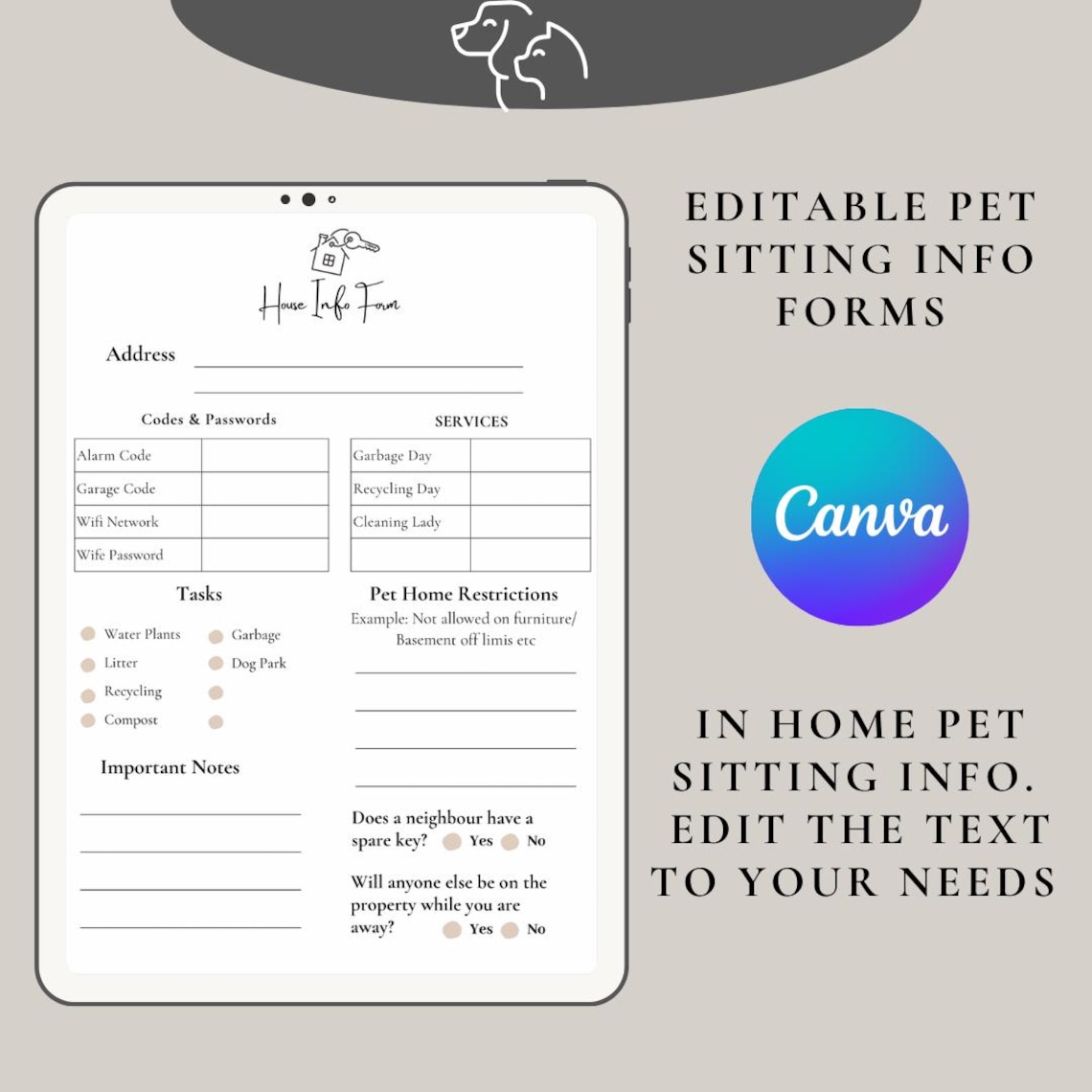 Editable Pet Sitter Forms Bundle House, Pet, and Personal Info ...