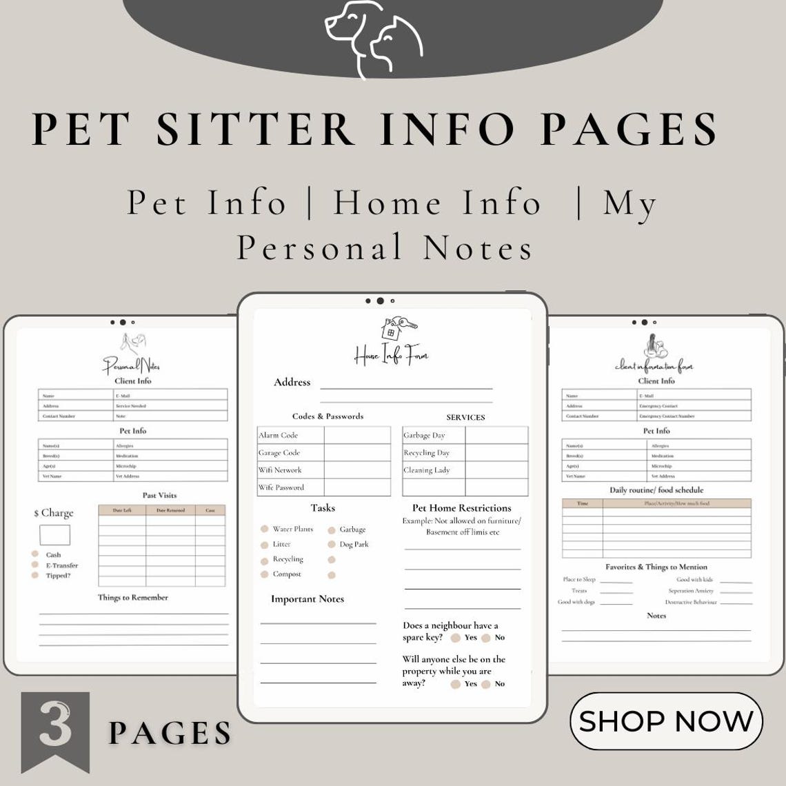 Editable Pet Sitter Forms Bundle House, Pet, and Personal Info ...