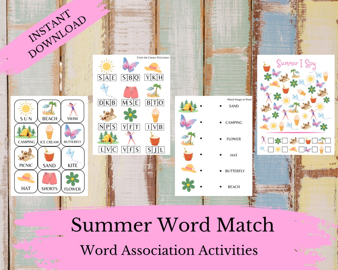Summer Fun Word Association Printables: 16 Worksheets, Match Games, and ...