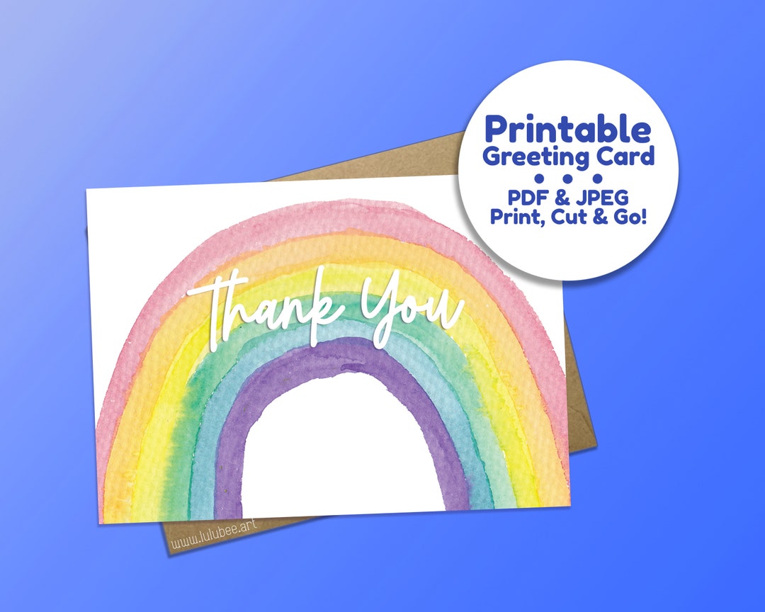 Watercolor Rainbow Thank You Card: Printable Gratitude Greeting (PDF ...