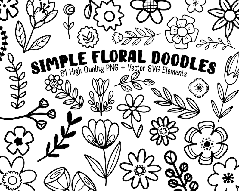 Floral Doodle Graphics, Flower Line Art Set (digital Download) - Etsy