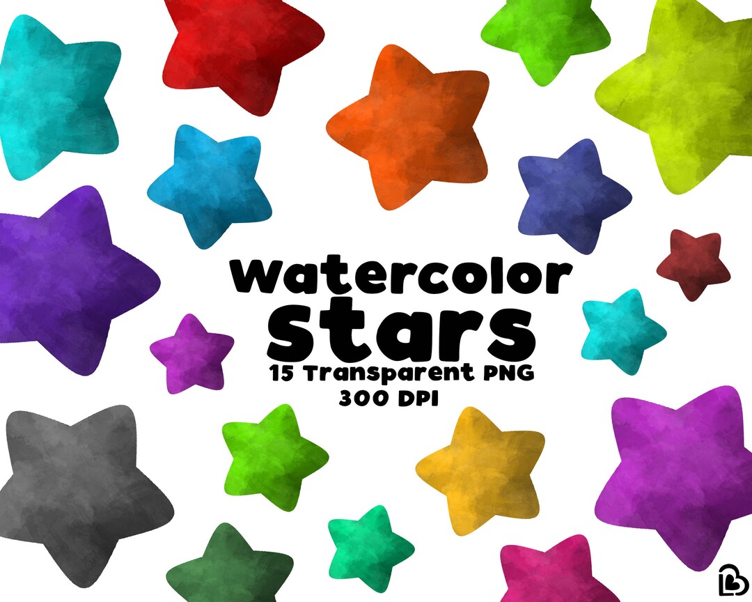 Watercolor Round Stars Clip Art Set, Brushed Watercolor Star Graphics ...