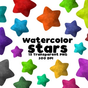 Watercolor Round Stars Clip Art Set, Brushed Watercolor Star Graphics ...