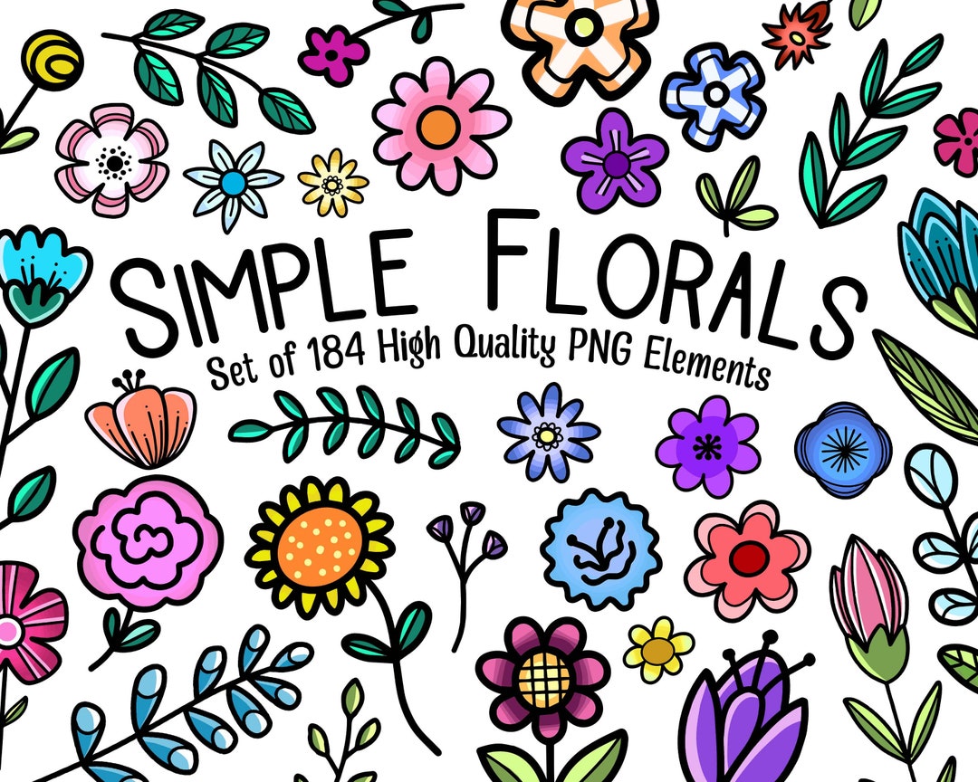Simple Floral Doodle Graphics, Cute Botanical Clipart, Stylized Flowers ...