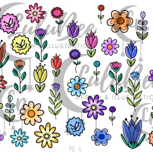 Simple Floral Doodle Graphics, Cute Botanical Clipart, Stylized Flowers ...