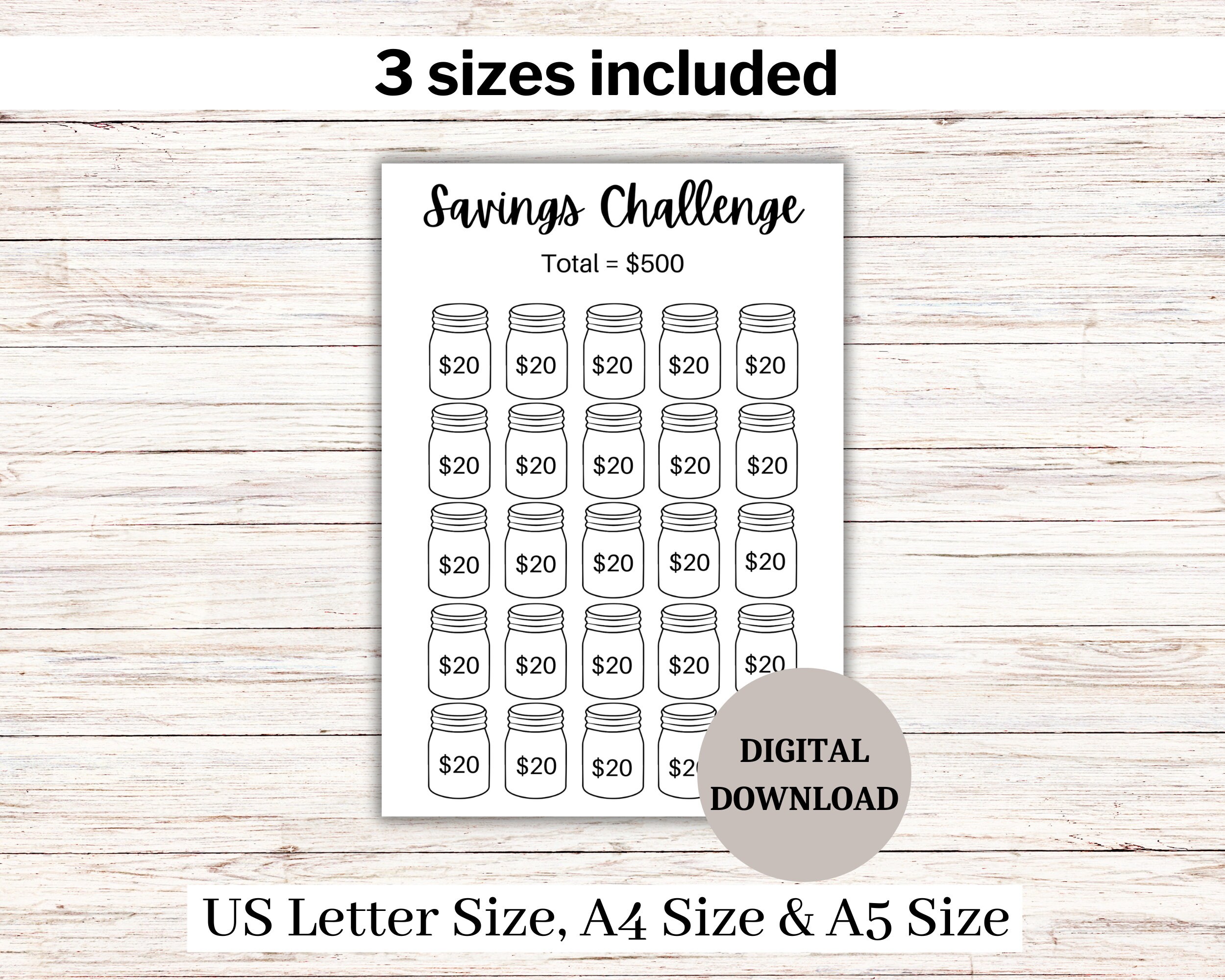 Save 500 Dollars Challenge Digital Savings Tracker Emergency Fund ...