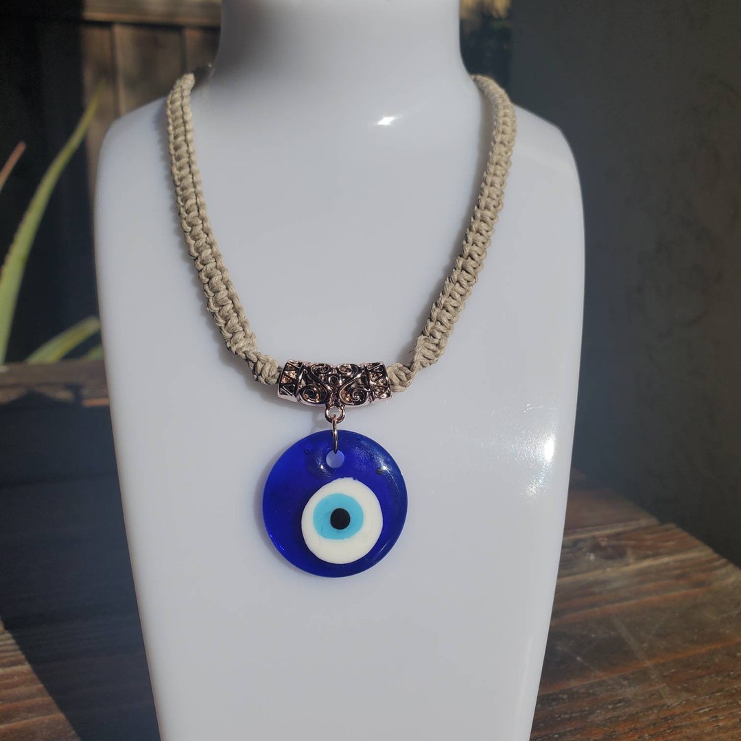 Hemp Necklace: Round Glass Evil Eye Pendant, Boho Macrame Jewelry - Etsy