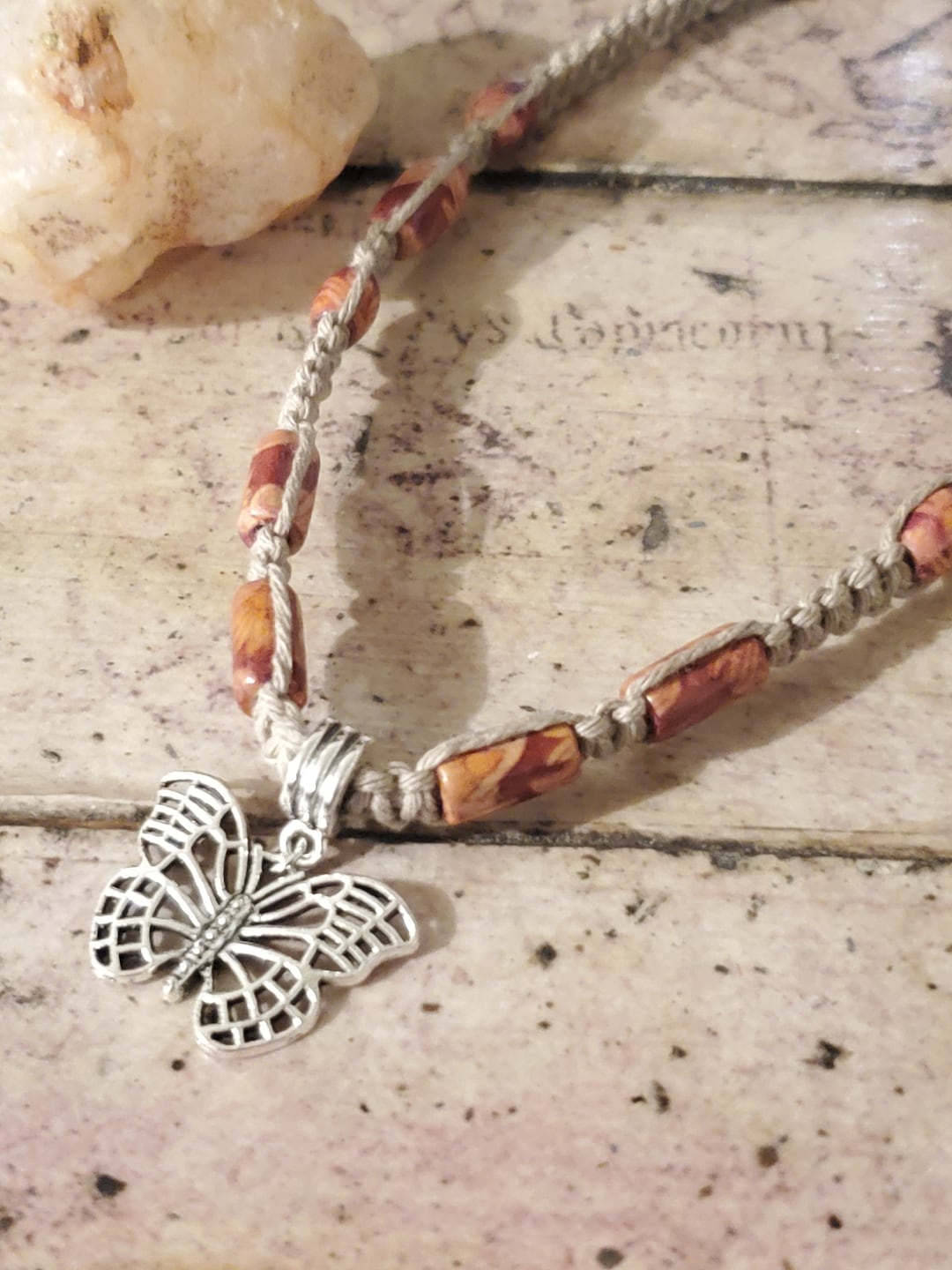 Hemp Necklace | Silver Butterfly Charm and Wood Beaded Thick Natural ...