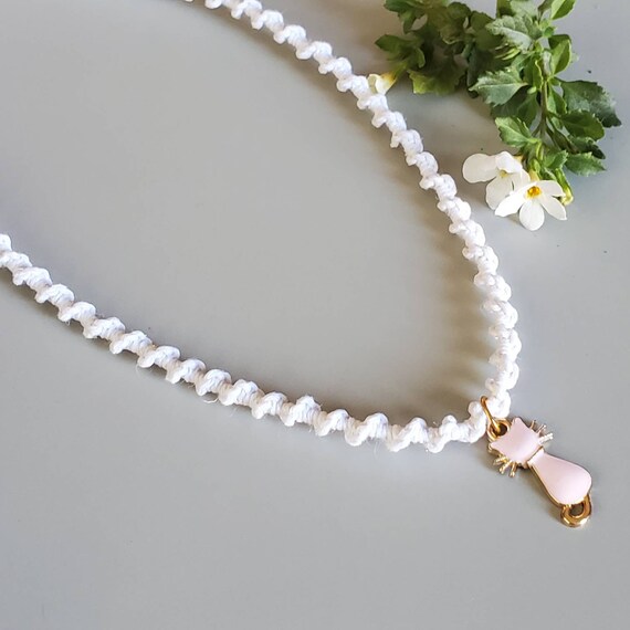Hemp Necklace Pink Gold Tone Small Cat Charm Thin White Spiral Hemp Necklace Boho Hippie Macrame Pet Lovers Handmade Hemp Jewelry Etsy