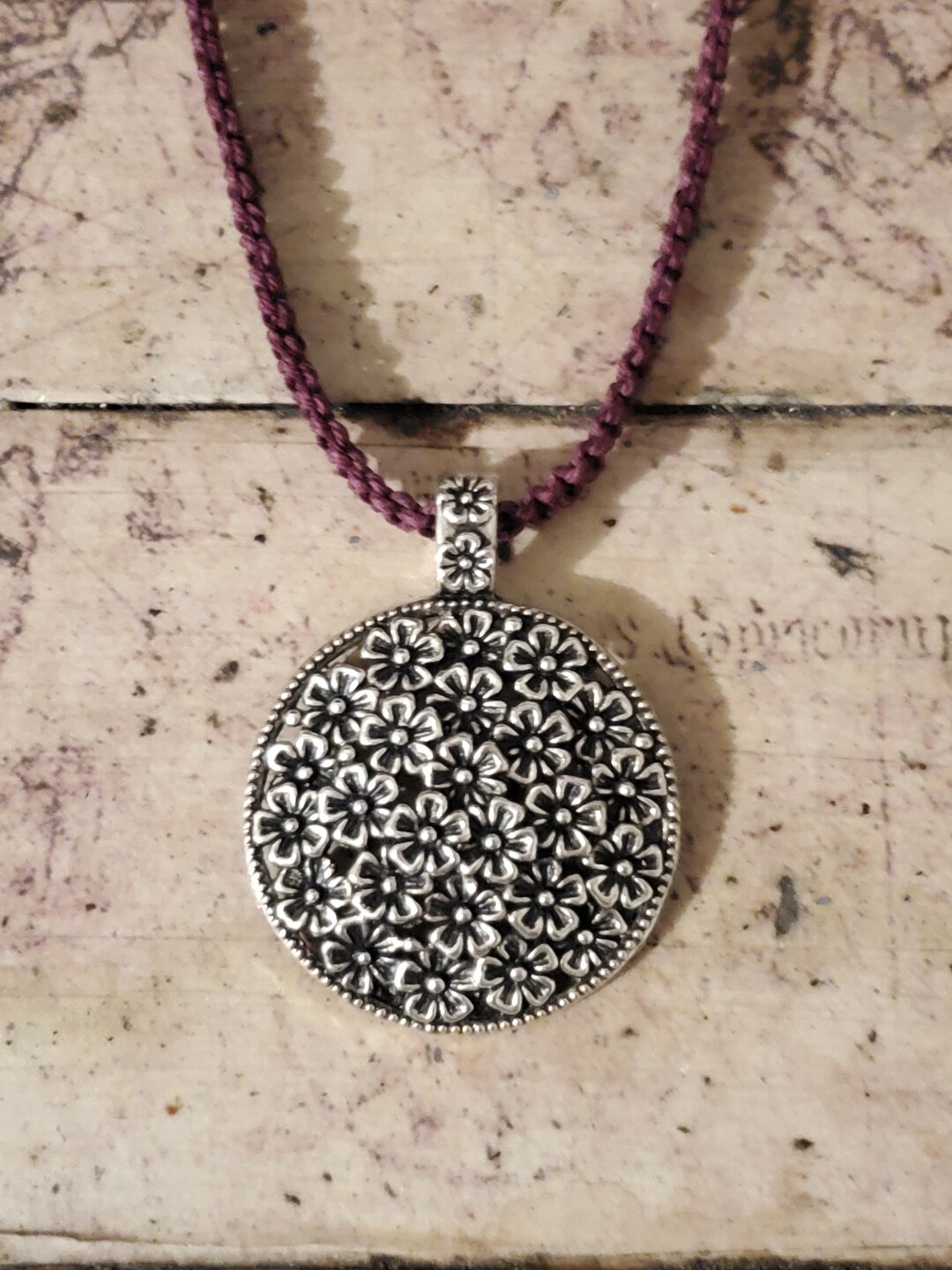 Hemp Necklace Big Flower Pendant Burgundy Thick Hemp Necklace Boho ...