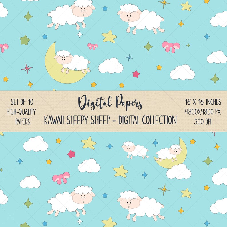 Cute Sleepy Sheep Digital Paper Bundle, Kawaii Sheep Children Fabric ...