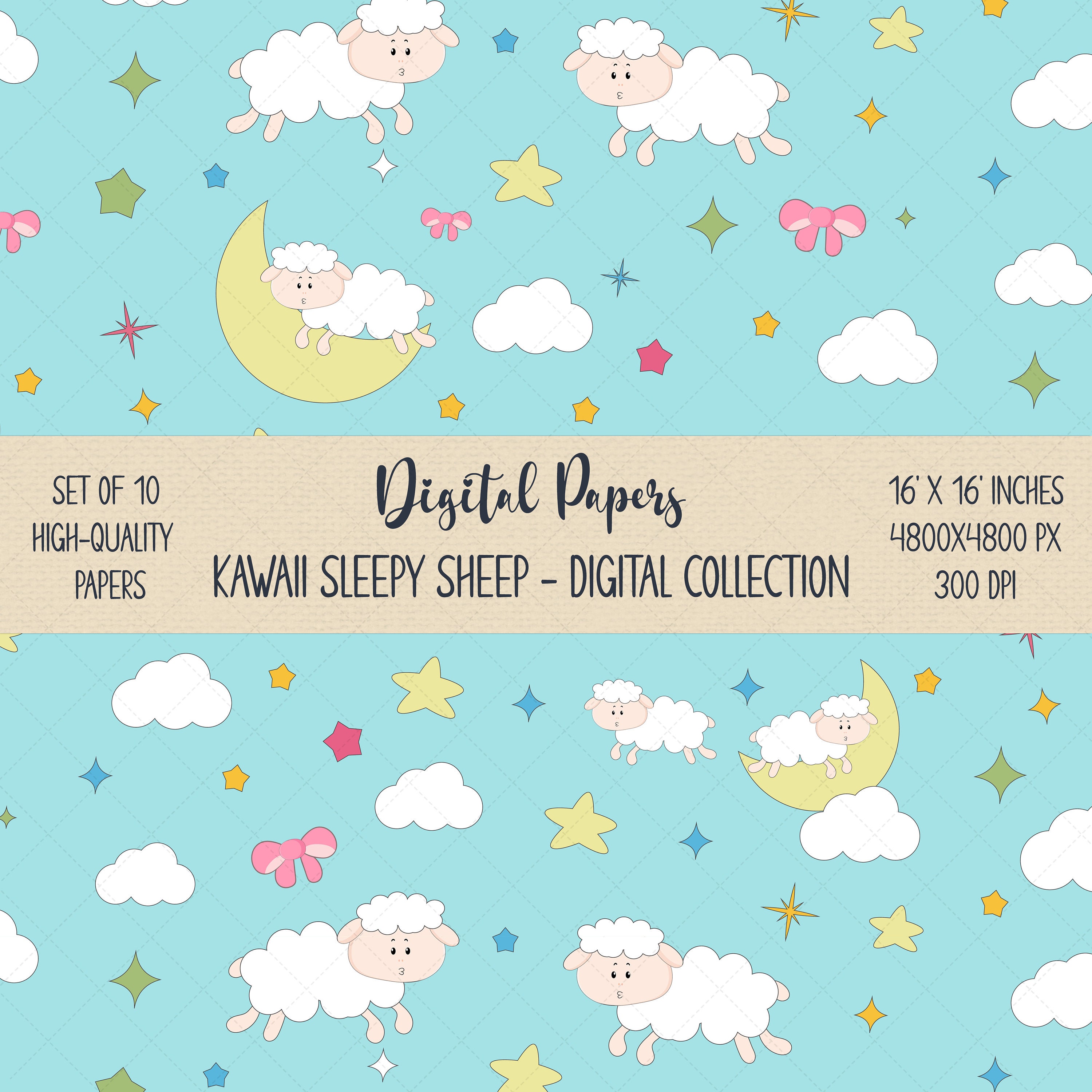 Cute Sleepy Sheep Digital Paper Bundle, Kawaii Sheep Children Fabric ...