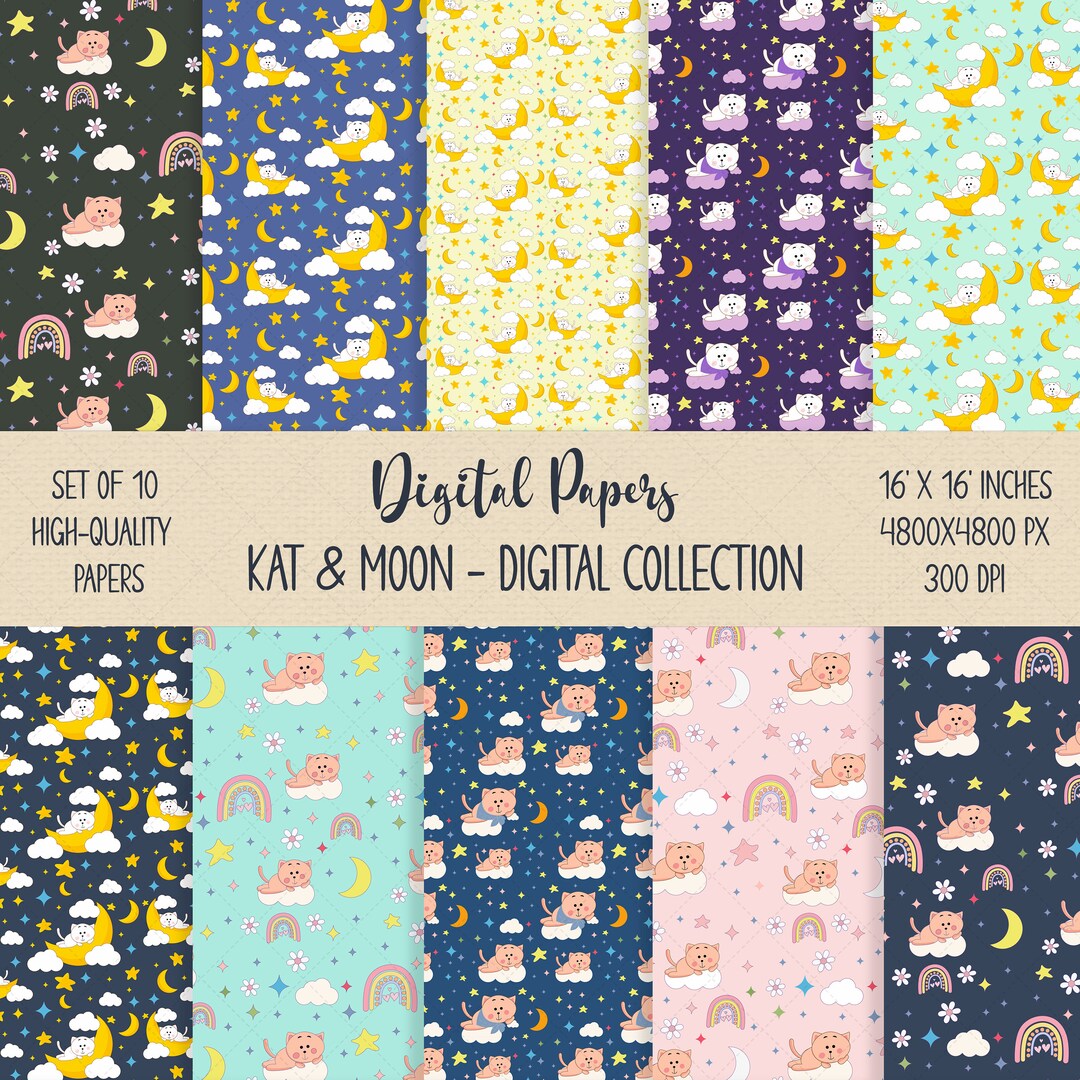 Cute Cat Digital Paper Bundle, Kawaii Cat Children Fabric, Moon and Cat ...