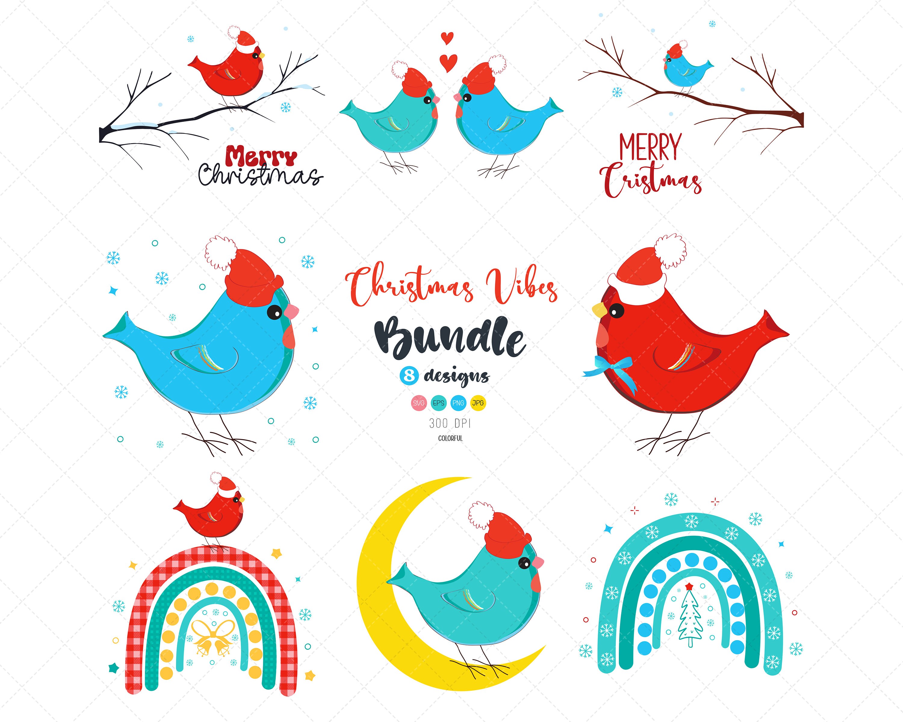 Christmas Birds Svg Bundle, Plaid Rainbow and Bird Svg, Bird and Tree ...
