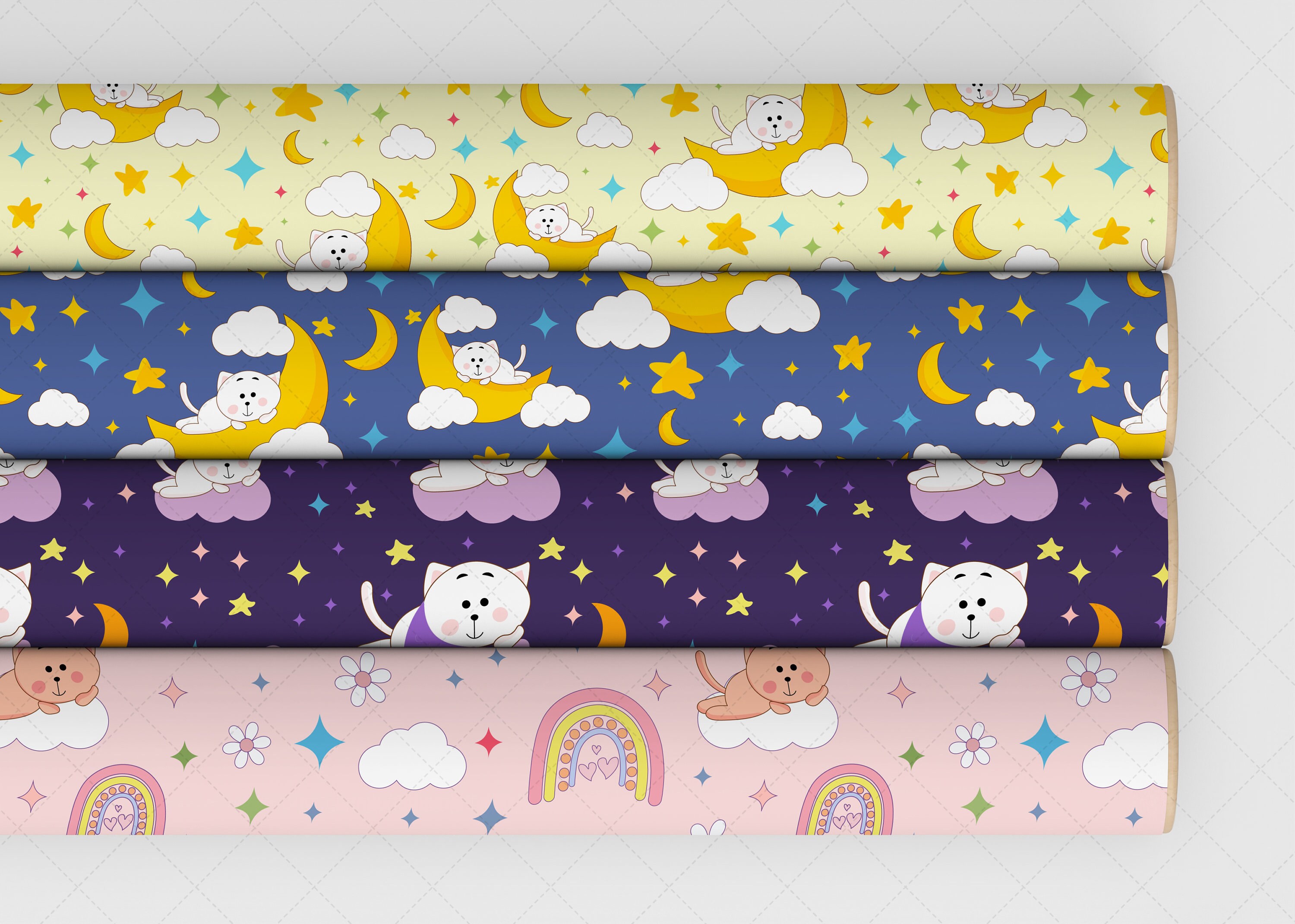 Cute Cat Digital Paper Bundle, Kawaii Cat Children Fabric, Moon and Cat ...