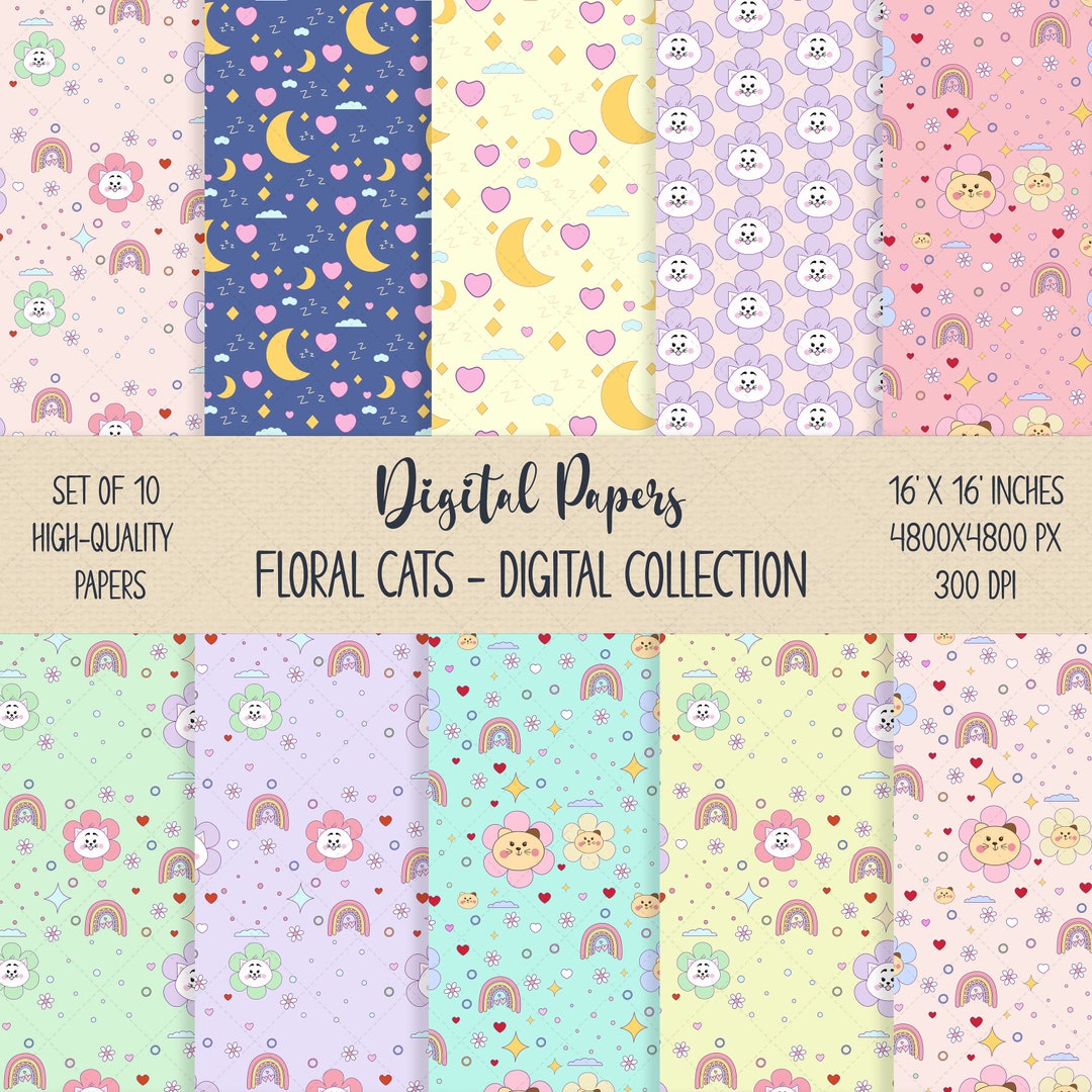 Cute Floral Cat Digital Paper, Kawaii Cat Children Fabric, Valentine ...