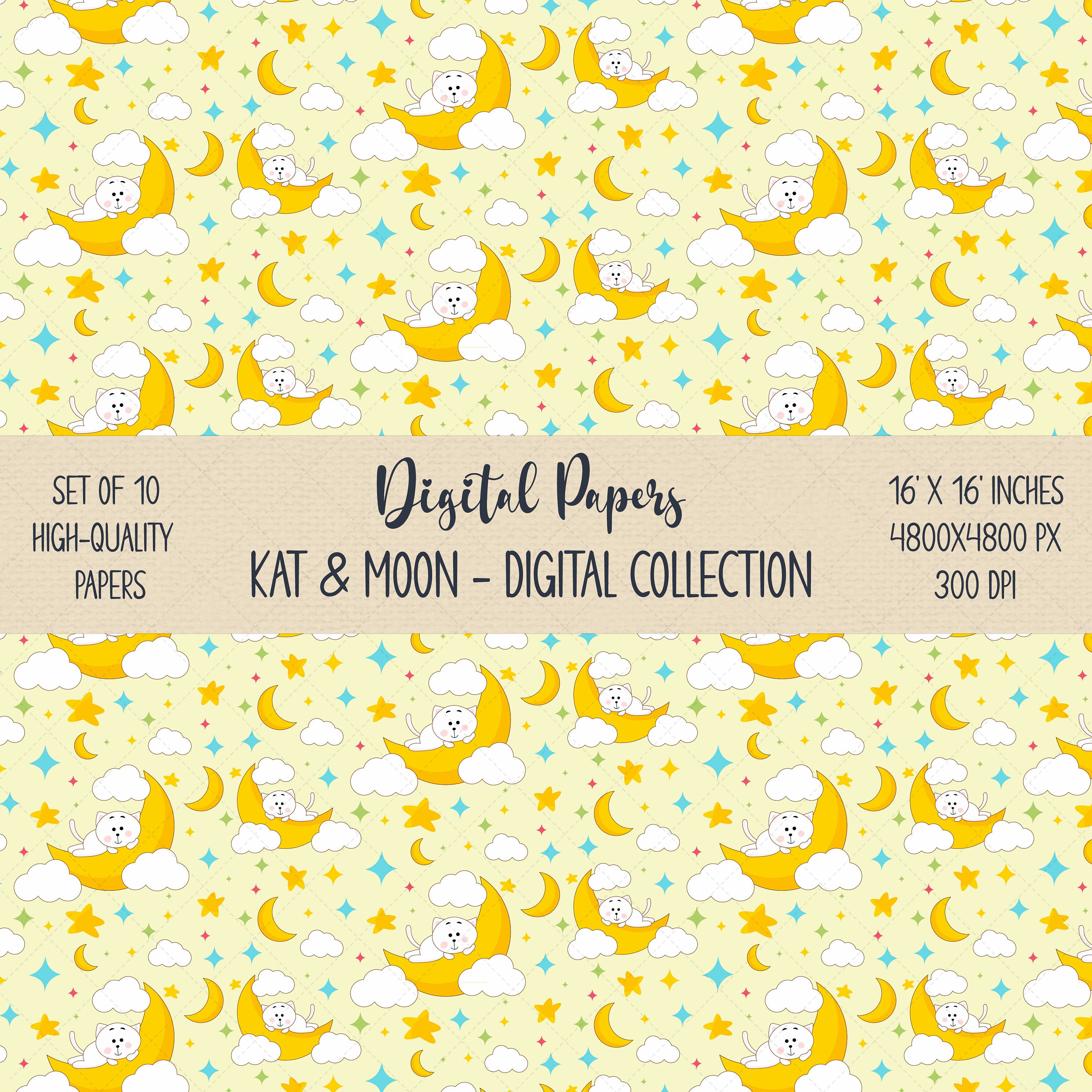 Cute Cat Digital Paper Bundle, Kawaii Cat Children Fabric, Moon and Cat ...