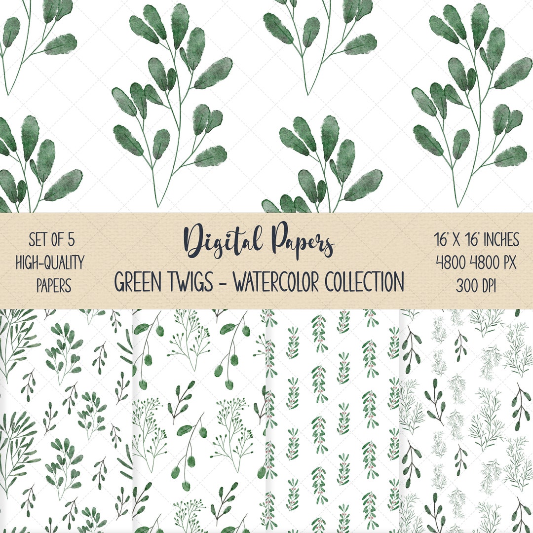 Watercolor Green Leaves Digital Paper Christmas Green Twigs - Etsy