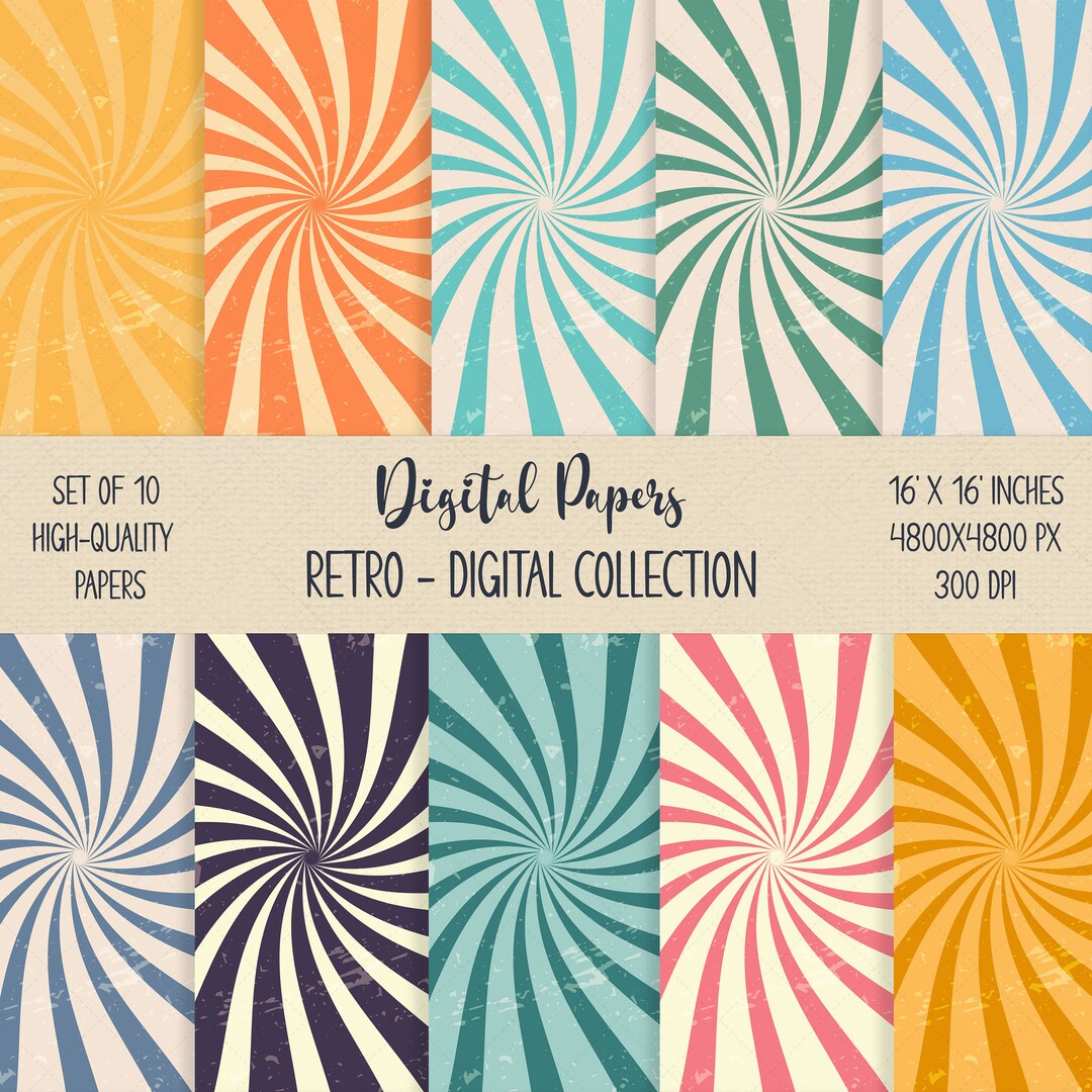 Retro Groovy Paper, Boho Sun Background, Vintage Boho Paper Bundle, 70 ...