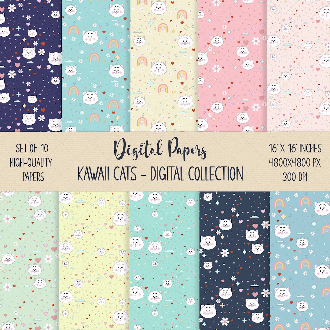 Cute Cat Digital Paper Bundle, Kawaii Cats Children Fabric, Valentine ...