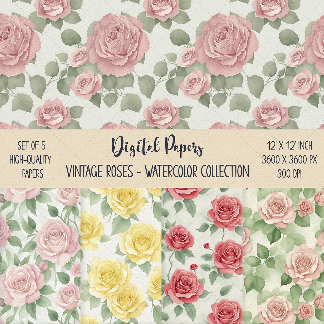 Vintage Watercolor Roses Digital Paper, Watercolor Rose Digital Paper ...