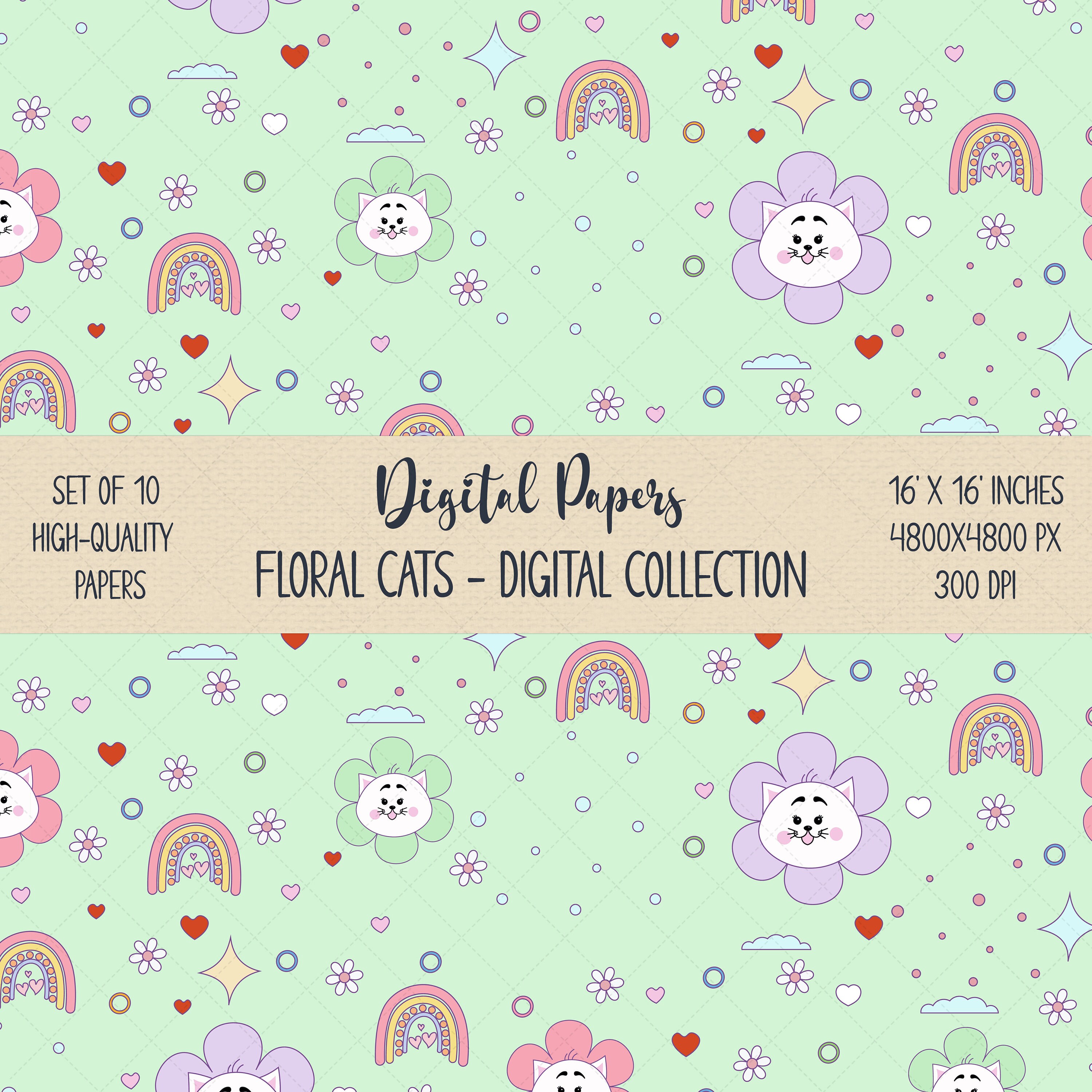 Cute Floral Cat Digital Paper, Kawaii Cat Children Fabric, Valentine ...