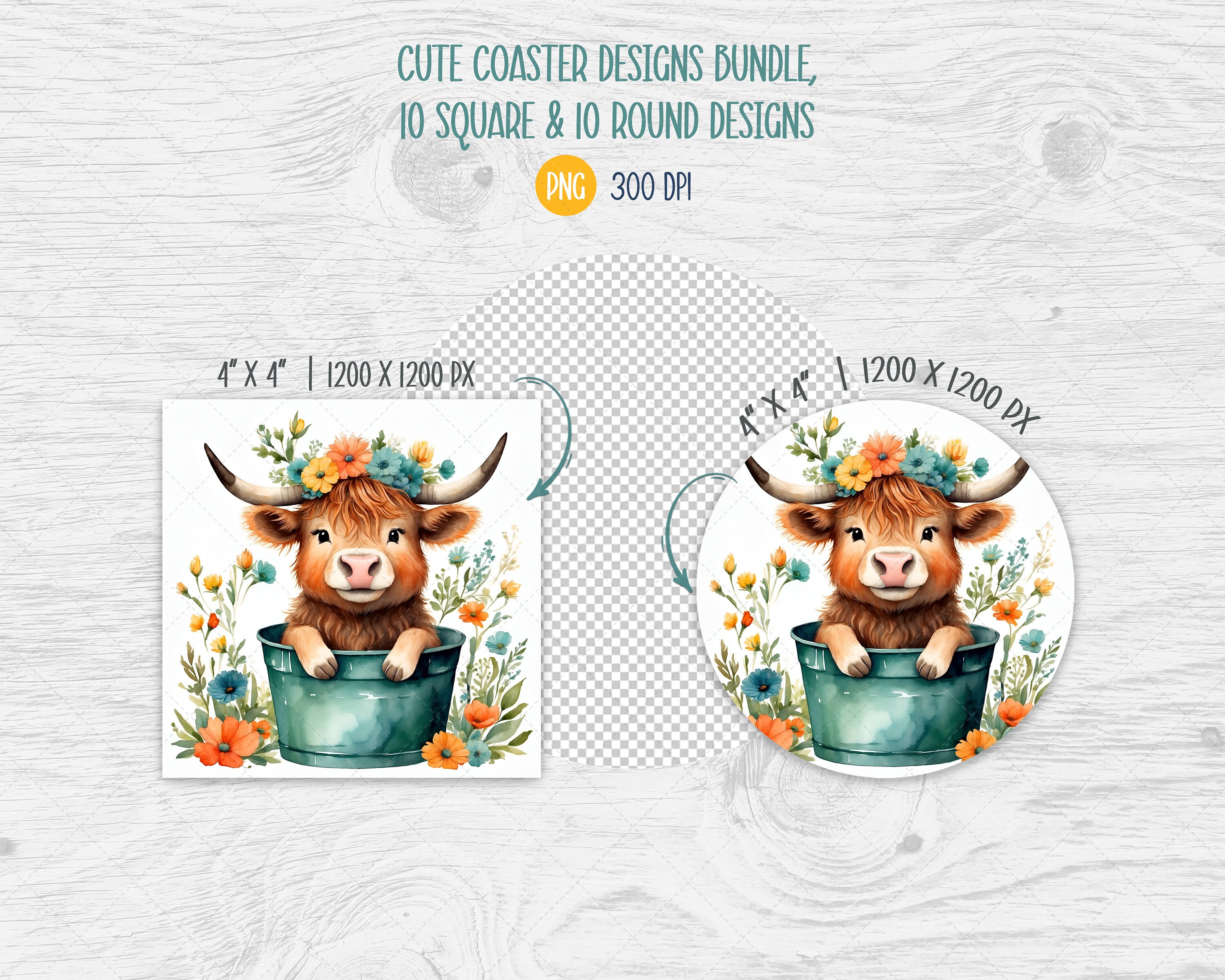 Cute Cow Coaster Bundle Design, Kids Square Coasters, Childish Round ...
