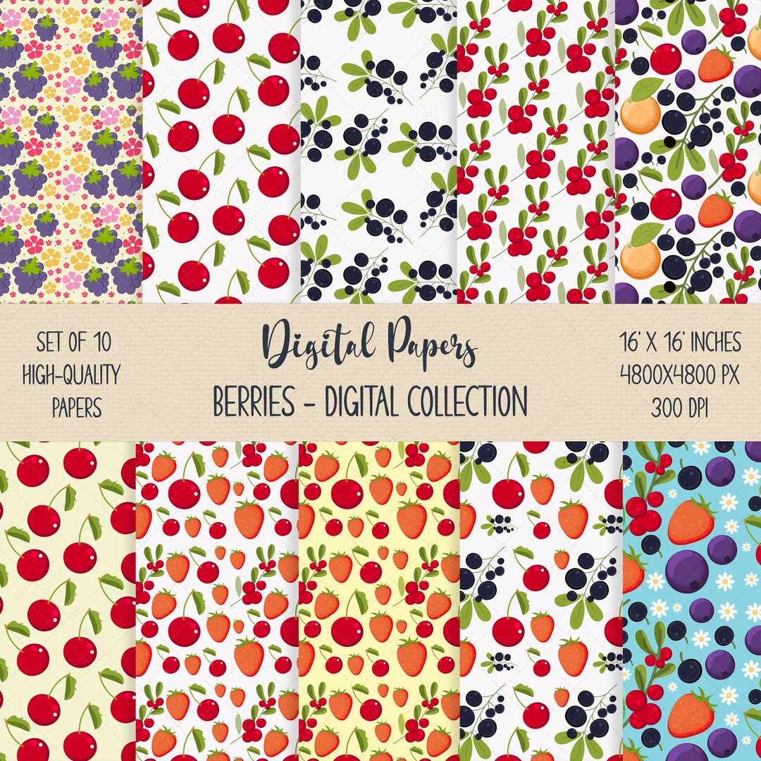 Berries Digital Paper Bundle, Fruit Digital Scrapbook Paper, Summer ...