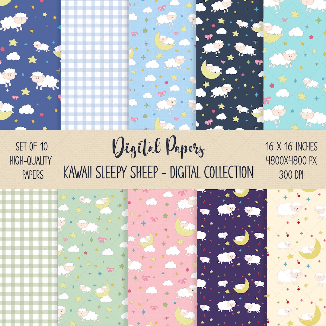 Cute Sleepy Sheep Digital Paper Bundle, Kawaii Sheep Children Fabric ...