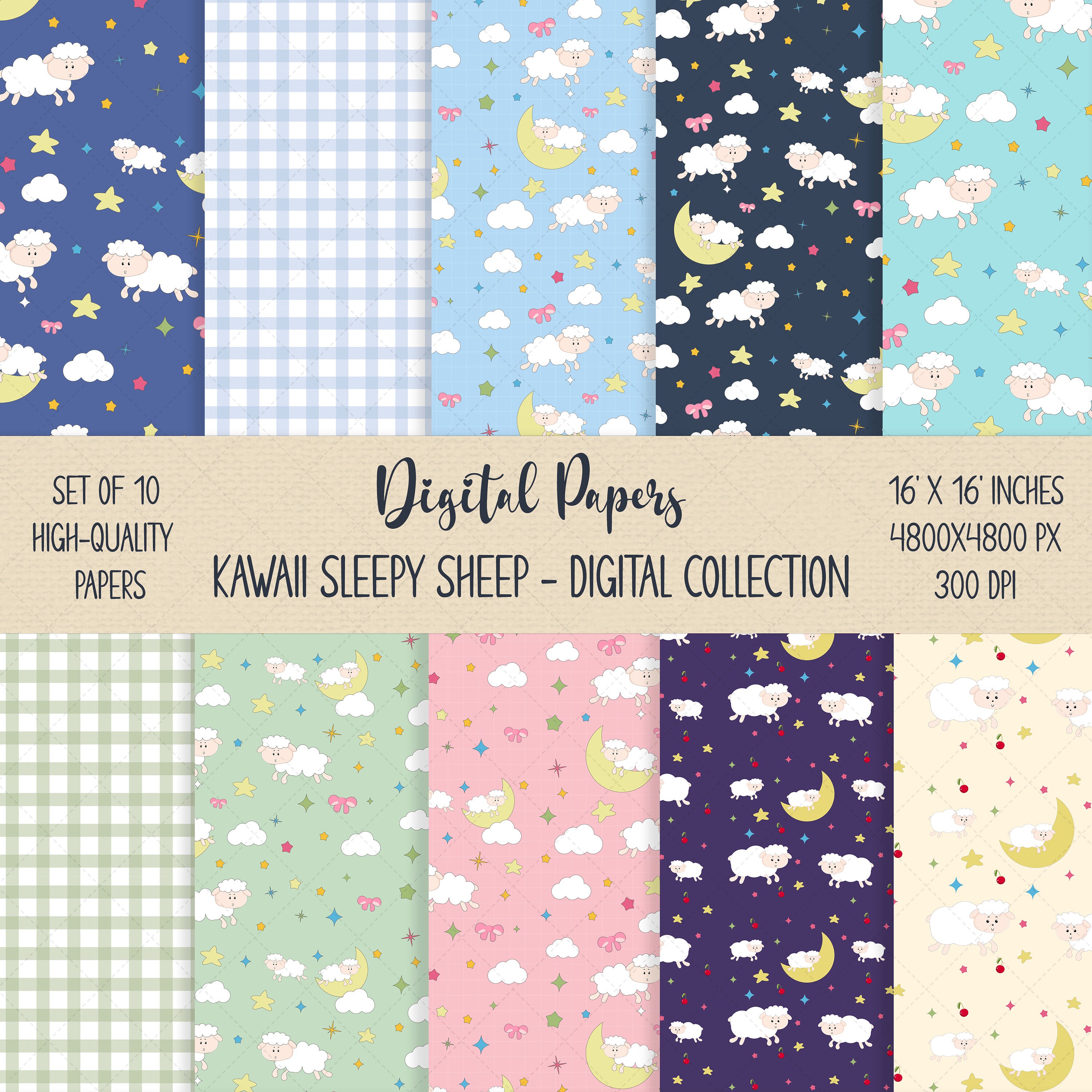 Cute Sleepy Sheep Digital Paper Bundle, Kawaii Sheep Children Fabric ...
