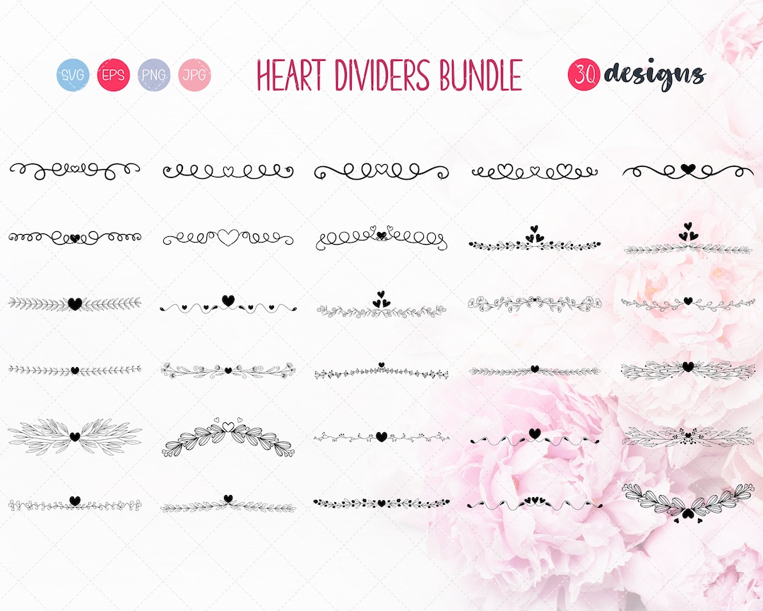 Heart Text Dividers Bundle, Floral Heart Dividers SVG Bundle, Heart ...