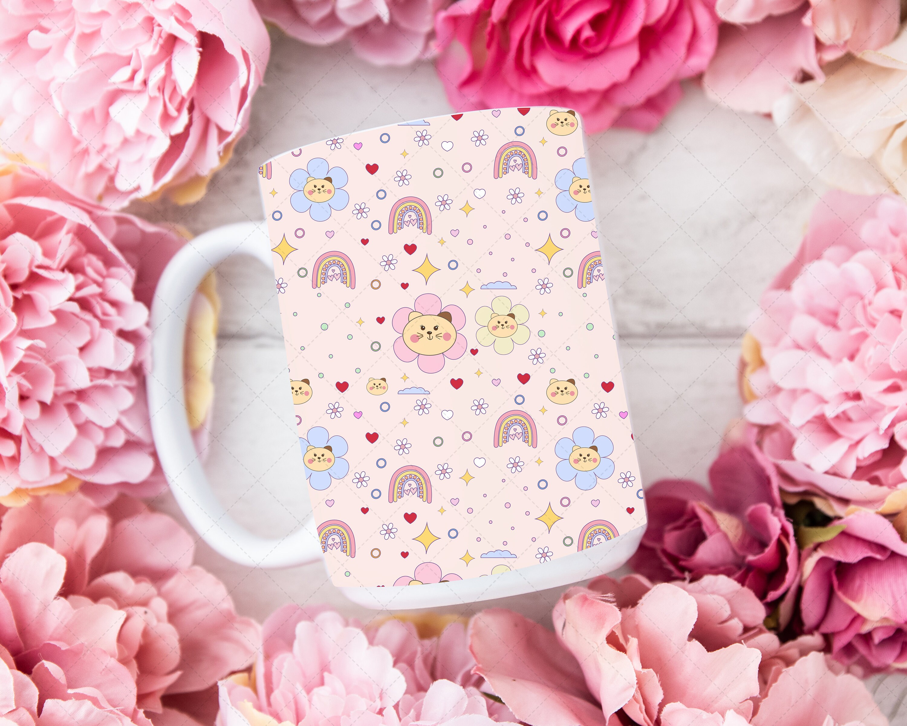 Cute Floral Cat Digital Paper, Kawaii Cat Children Fabric, Valentine ...