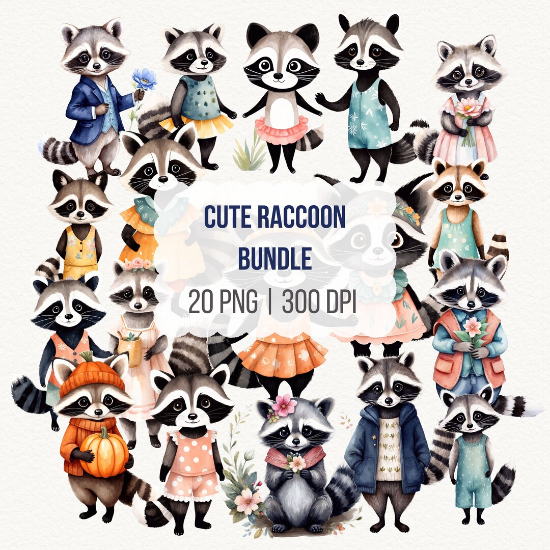 Raccoon Illustrations Bundle, Cute Watercolor Cartoon Raccoons, 20 PNG ...