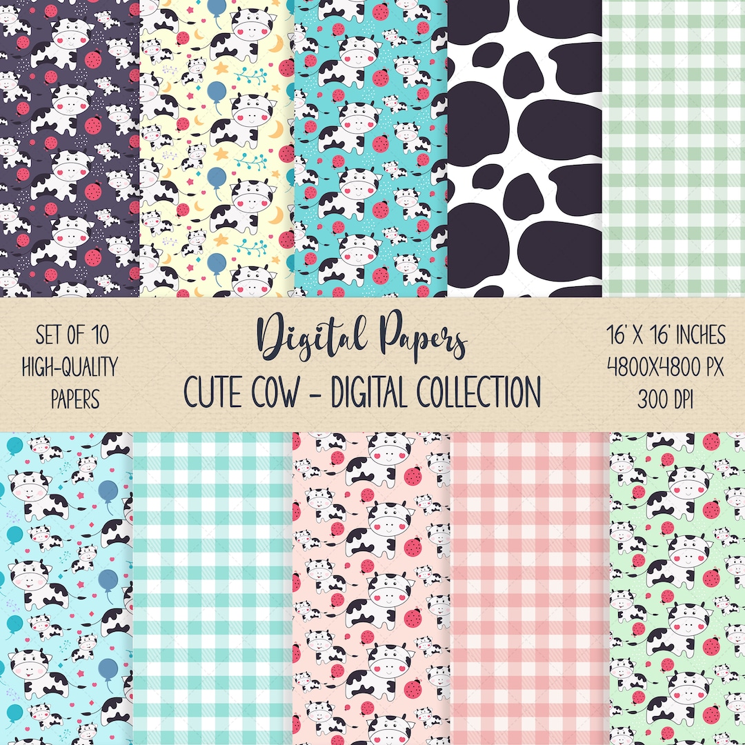 Cute Cow Digital Paper Bundle, Kawaii Cow Children Fabric, Valentine ...